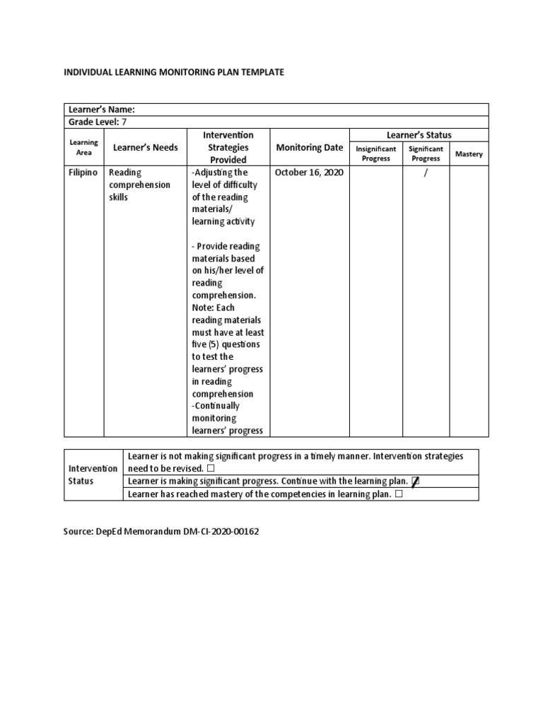 Individual Learning Monitoring Plan Template | PDF