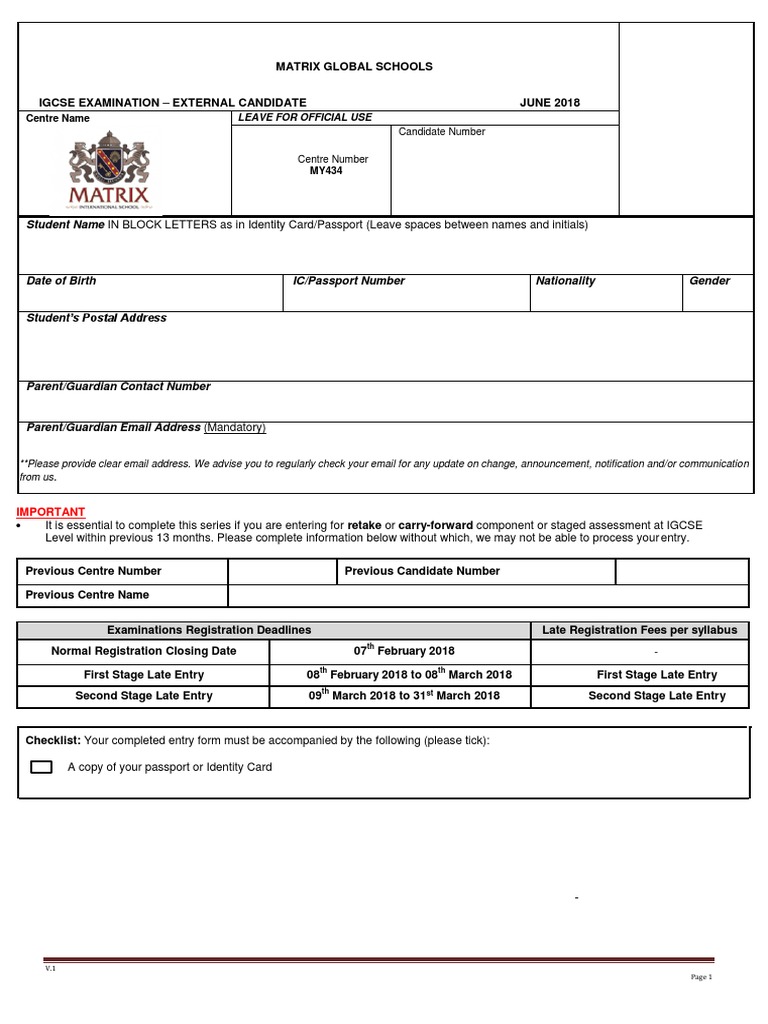 External IGCSE Registration Form | PDF | Test/Examination