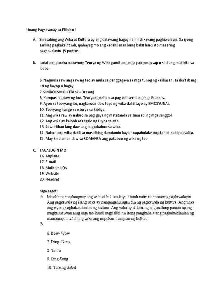 Unang Pagsasanay Sa Filipino 1 | PDF
