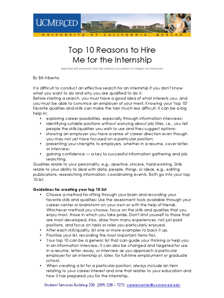 Top 10 Reasons To Hire Me For The Internship: by Bill Alberta | PDF ...