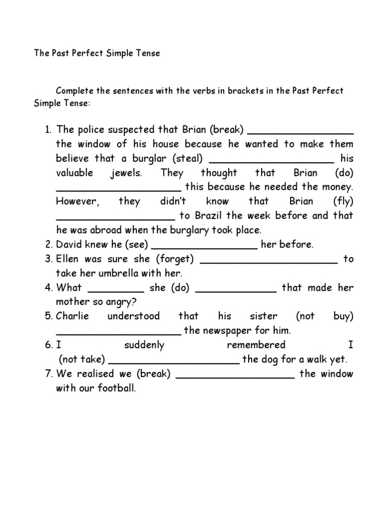 Past Perfect Simple Worksheet 2 | PDF
