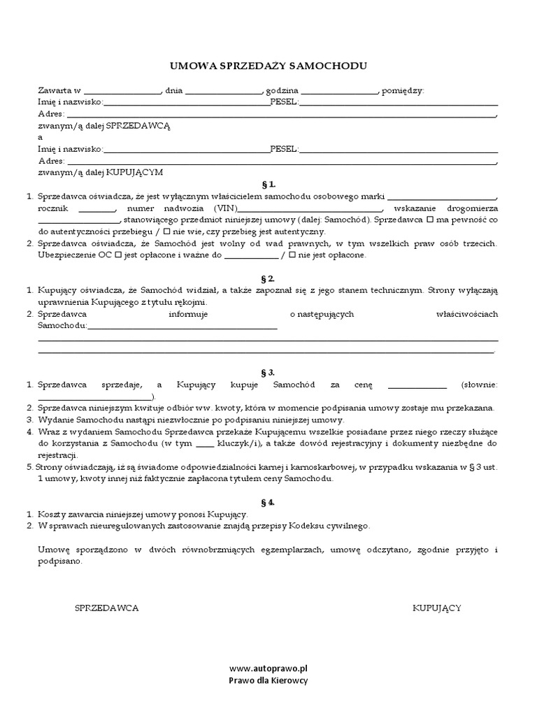 Umowa Kupna Sprzedazy Samochodu Dla Sprzedawcy Autoprawo B96adffa | PDF