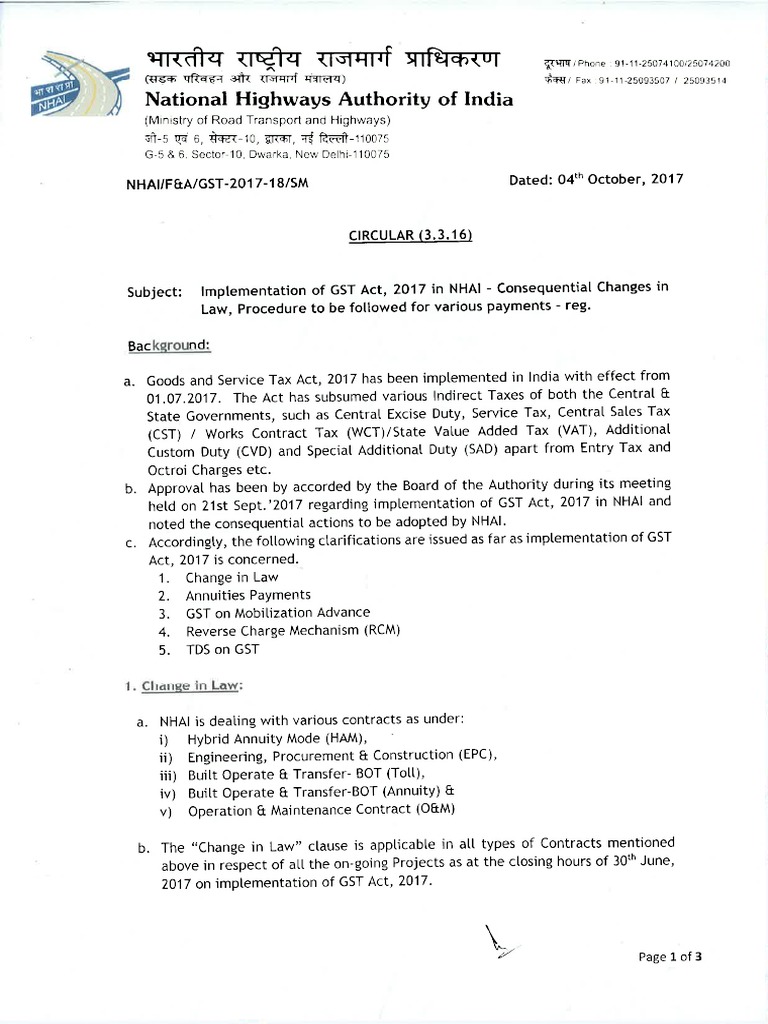 3.3.16 GST Circular Issued by NHAI HQ | PDF