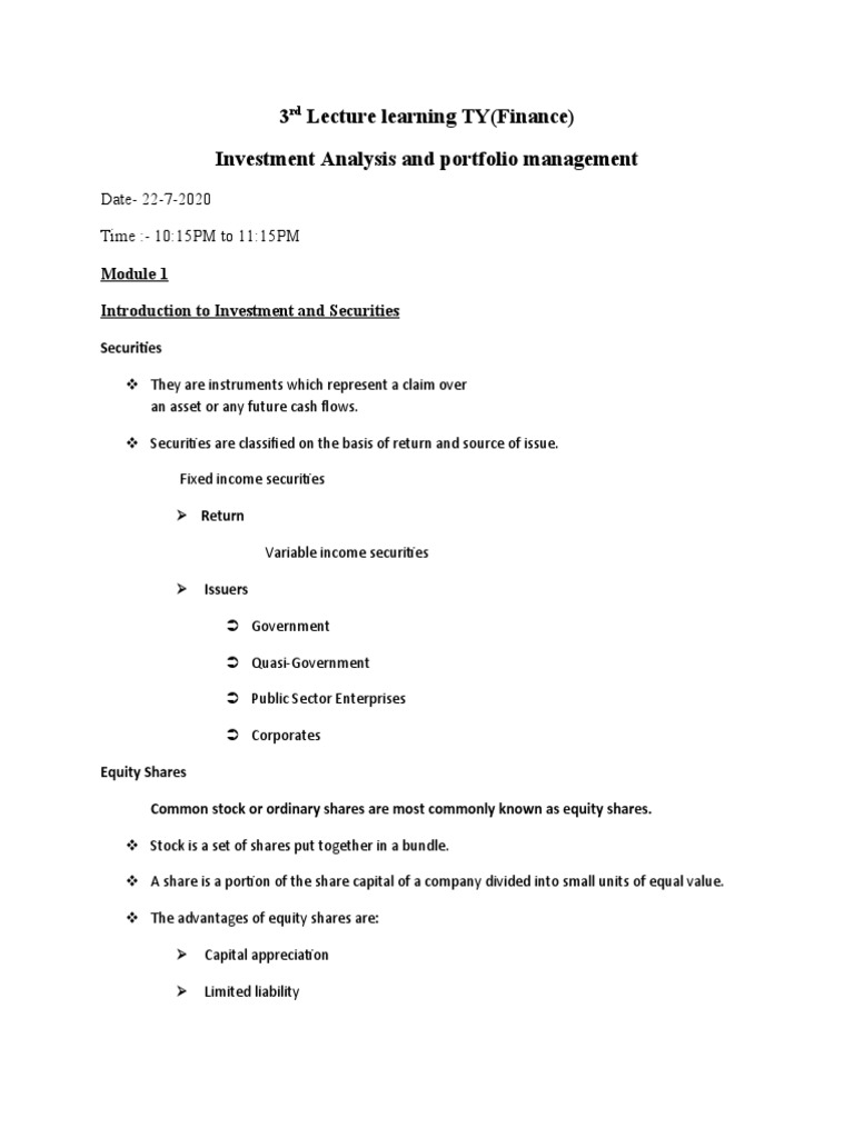 3 Lecture Learning TY (Finance) Investment Analysis and Portfolio ...