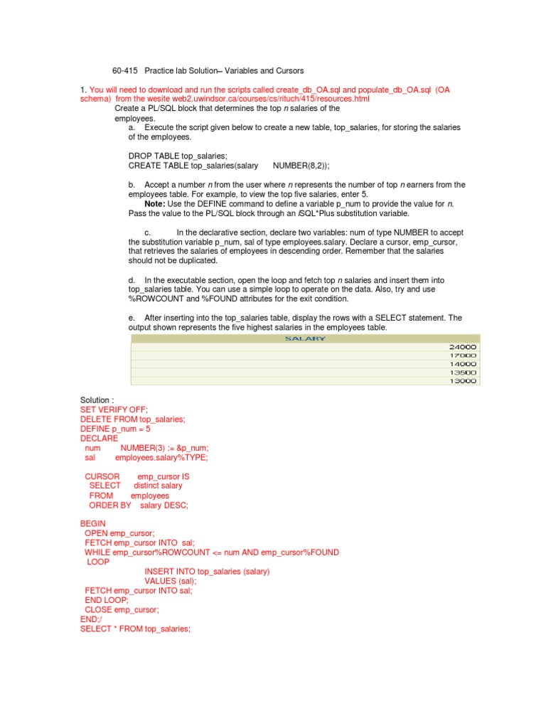 Practice Lab2 Cursors Solns | PDF | Pl/Sql | Table (Database)