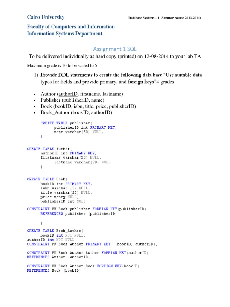 Assignment 1 SQL: Cairo University Faculty of Computers and Information Information Systems ...