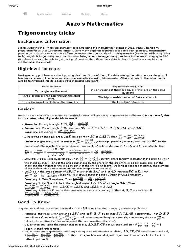 Trigonometry Hacks - Anzo Teh | PDF | Trigonometry | Triangle