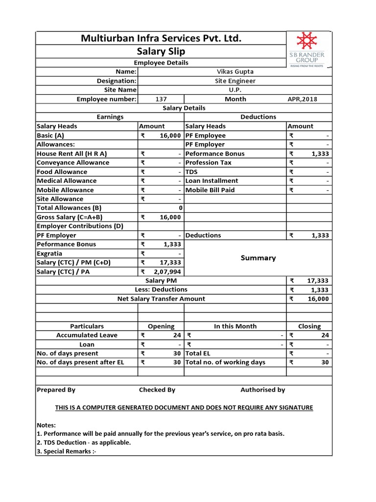 Multiurban Infra Services Pvt. Ltd. Salary Slip: This Is A Computer ...