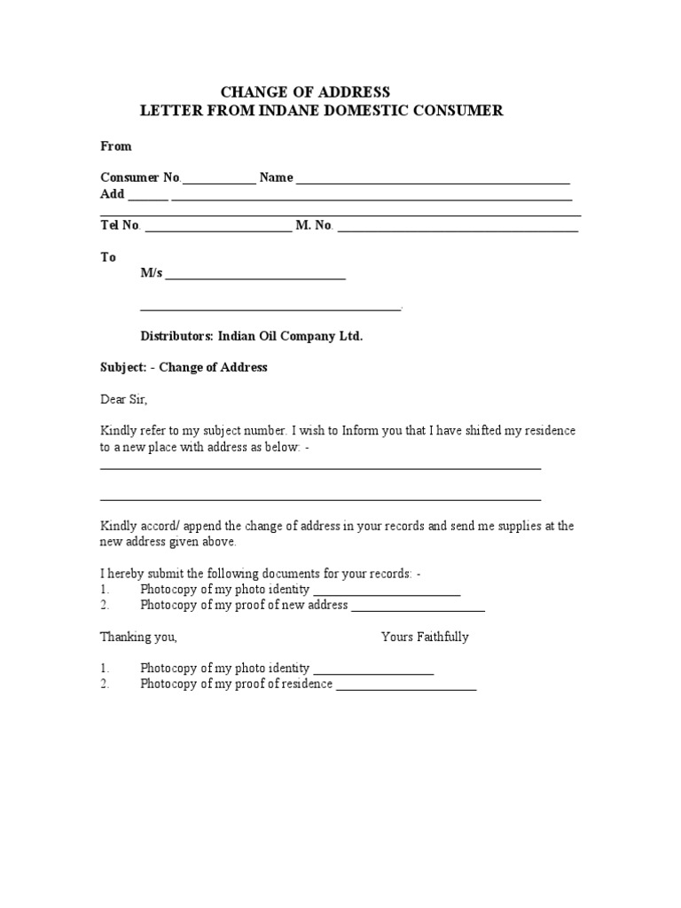 Change of Address Letter From Indane Domestic Consumer | PDF