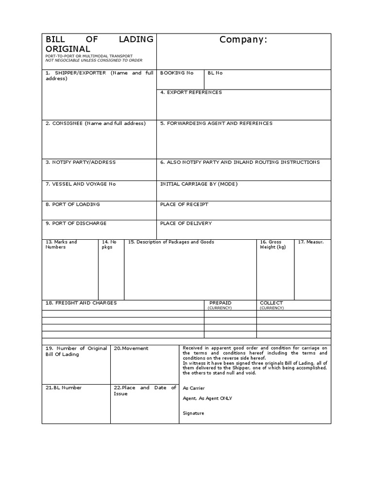 Bill of Lading for Port-to-Port or Multimodal Transport of Goods from ...