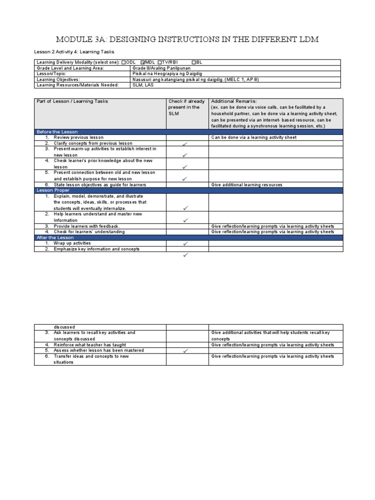 Module 3A: Designing Instructions in The Different LDM: Lesson 2 ...