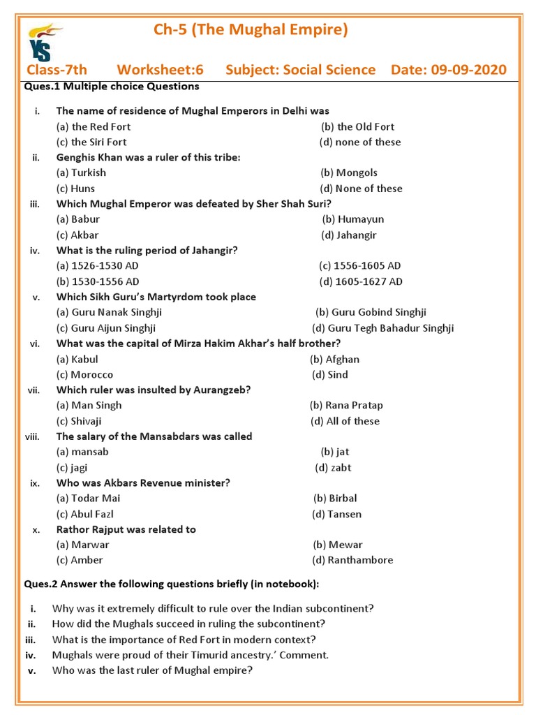 Worksheet 6 ch5 History-10299202025932 | PDF | Mughal Empire | Timurid ...