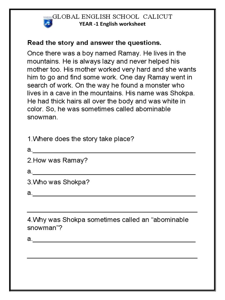 Read The Story and Answer The Questions.: YEAR - 1 English Worksheet | PDF