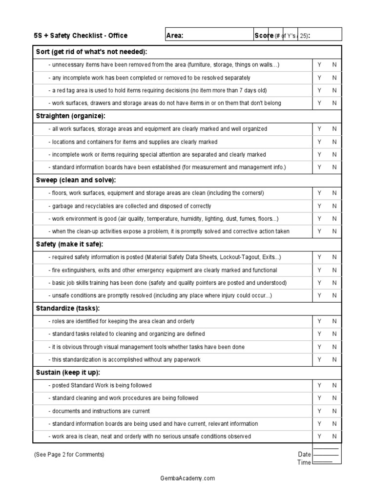 5S + Safety Checklist - Office Area: Sort (Get Rid of What's Not Needed ...