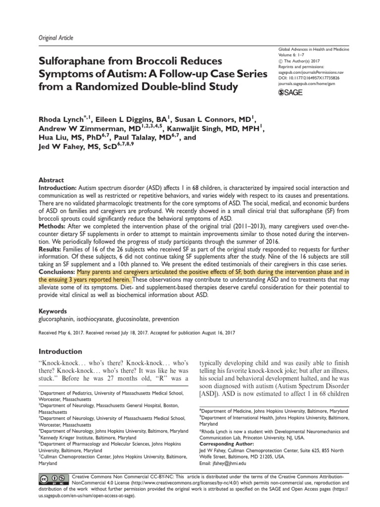 Lynch, Et Al ('17) - Sulforaphane From Broccoli Reduces Symptoms of Autism - A Follow-Up Case ...