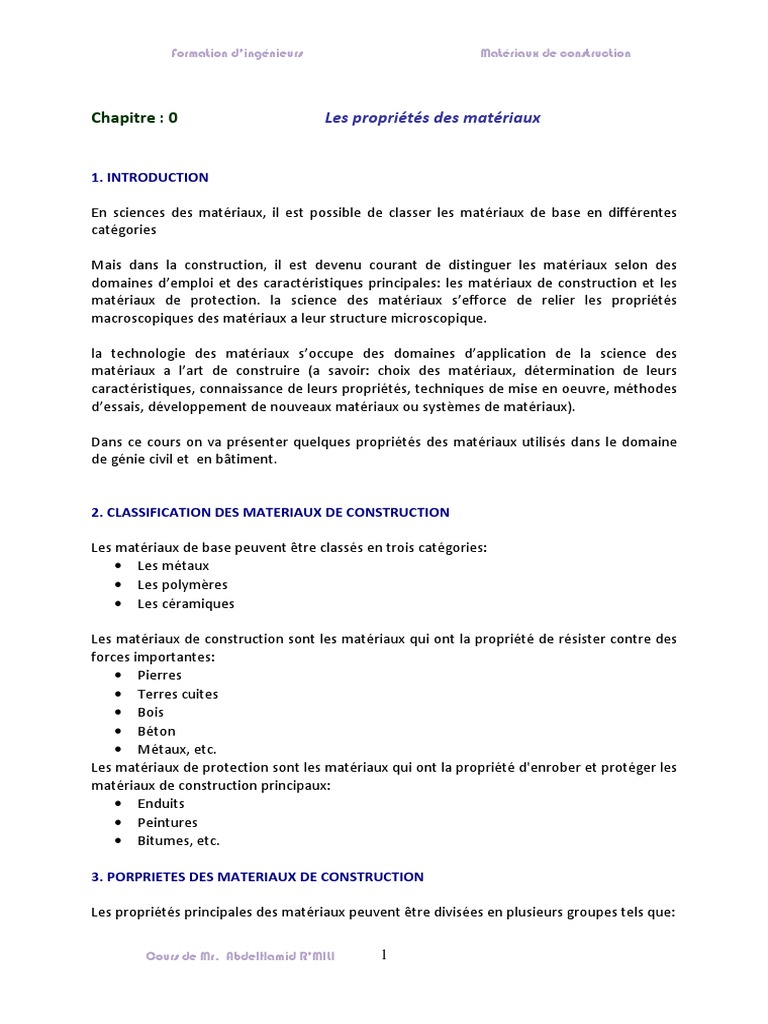 Propriétés et Classification des Matériaux de Construction | PDF ...