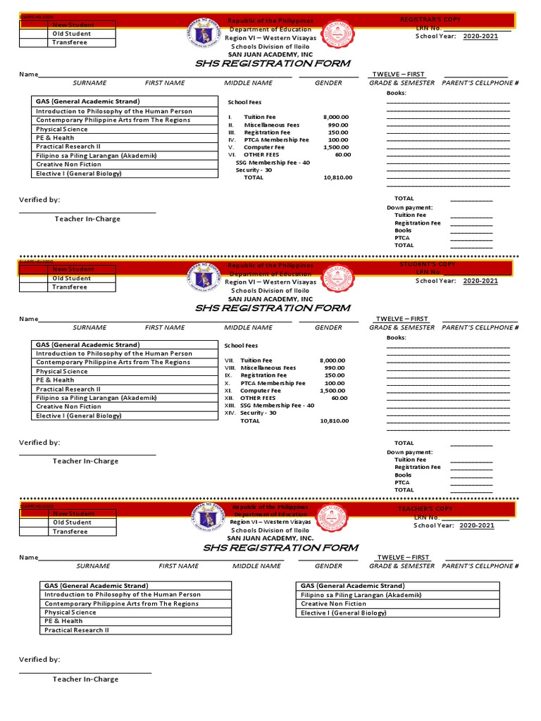 Shs Registration Form | PDF | Learning | Further Education