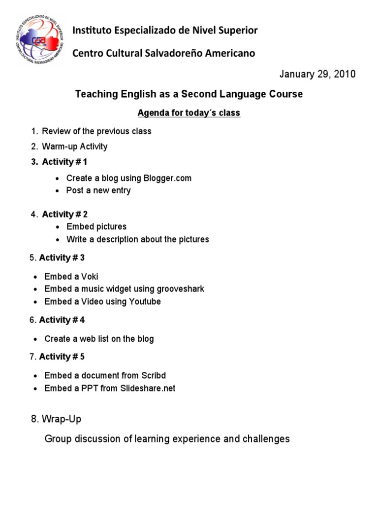 ESL Class Agenda: Blogging Activities | PDF