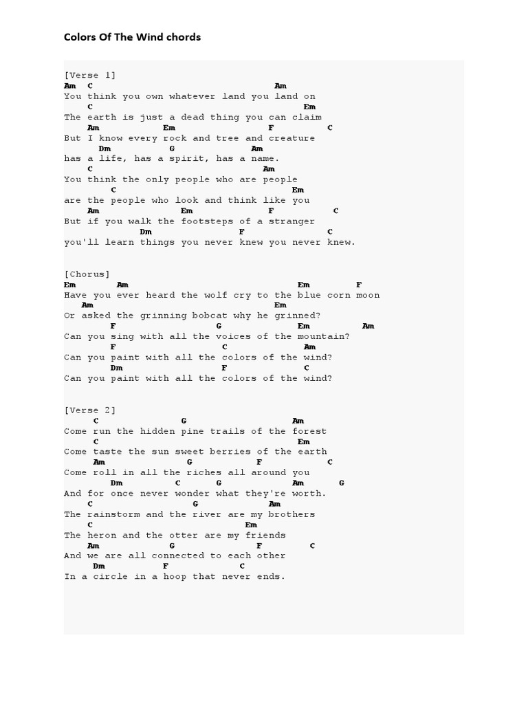 Colors of The Wind Chords | PDF | Song Structure | Entertainment (General)