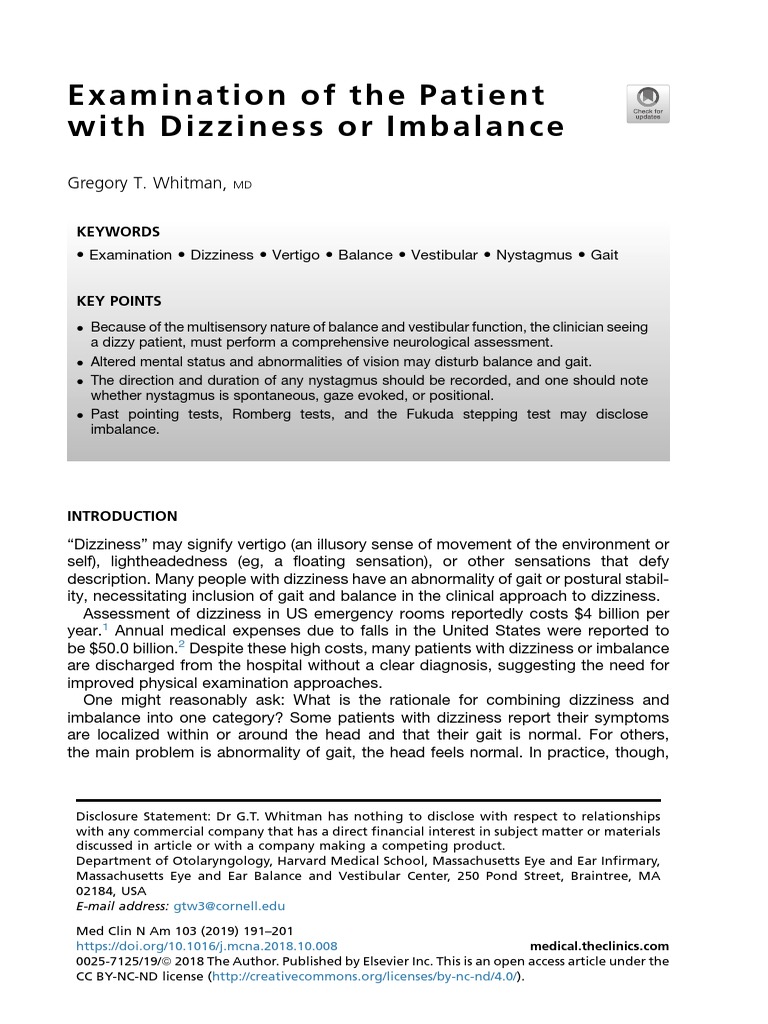 Comprehensive examination of patients with dizziness or imbalance | PDF ...