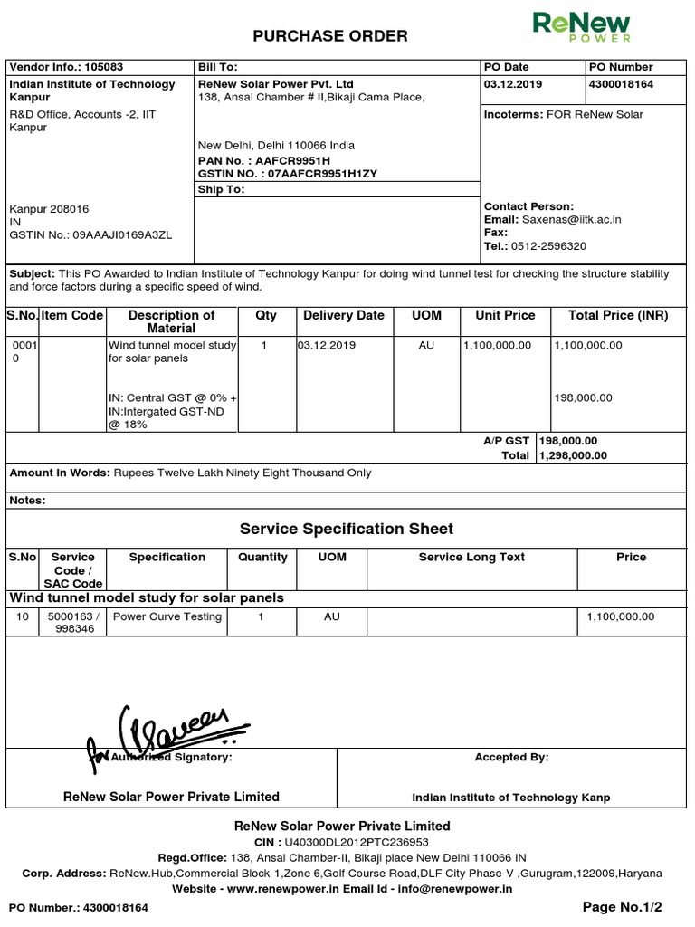 Purchase Order: S.No. Item Code Description of Material Qty Delivery ...