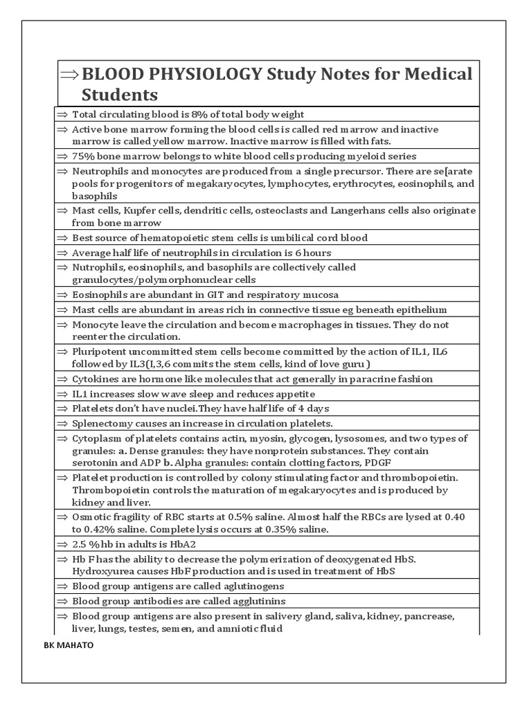 BLOOD PHYSIOLOGY Study Notes For Medical Students | PDF | Blood Type ...