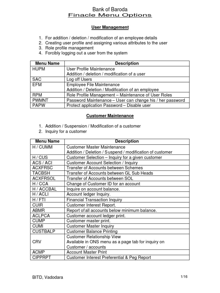 Bank of Baroda Finacle Menu Guide | PDF | Cheque | Financial Transaction