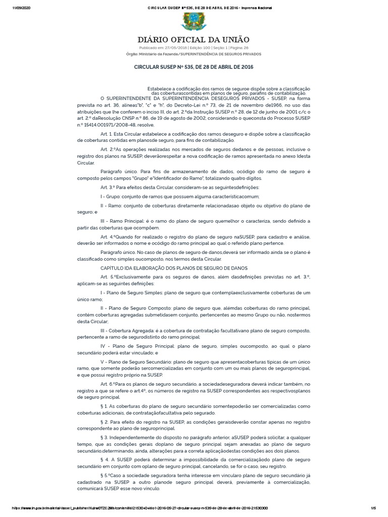 CIRCULAR SUSEP #535, DE 28 DE ABRIL DE 2016 - Imprensa Nacional | PDF ...