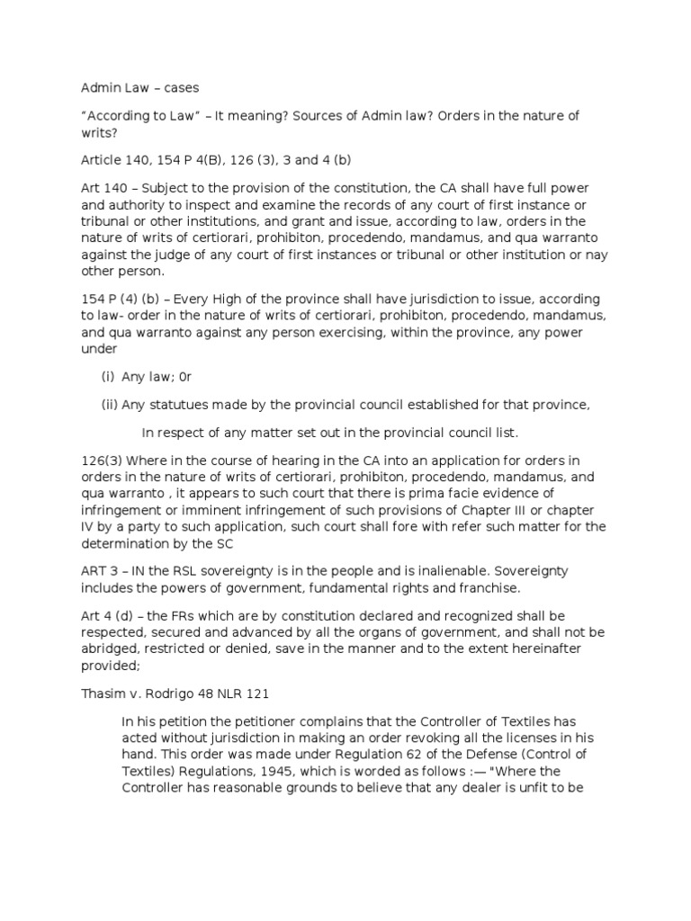 Admin Law-Cases | PDF | Writ | Writ Of Prohibition