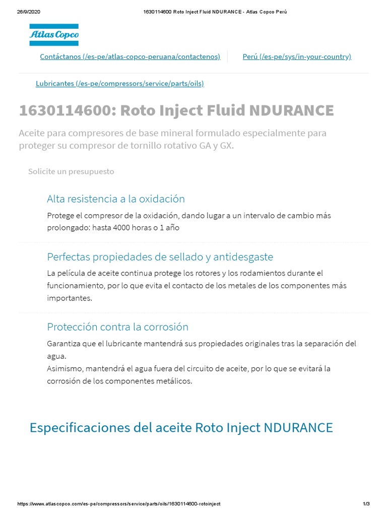 Roto Inject Fluid NDURANCE - Atlas Copco Perú PDF | PDF | Lubricante ...