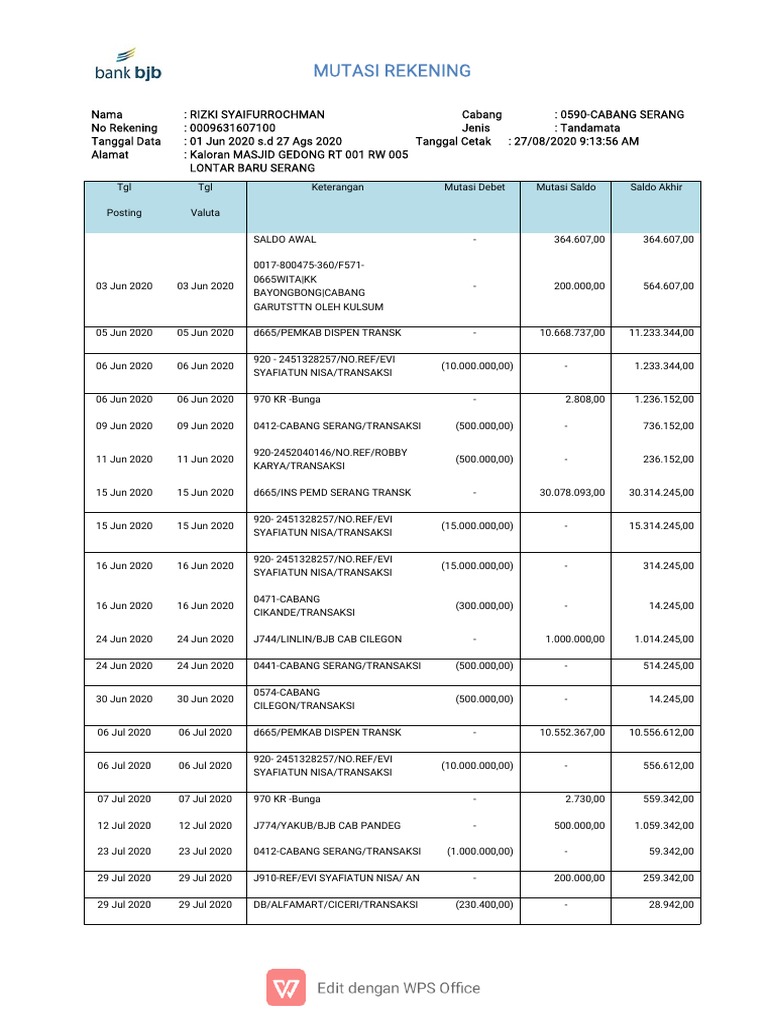 Contoh Mutasi Rekening BJB | PDF