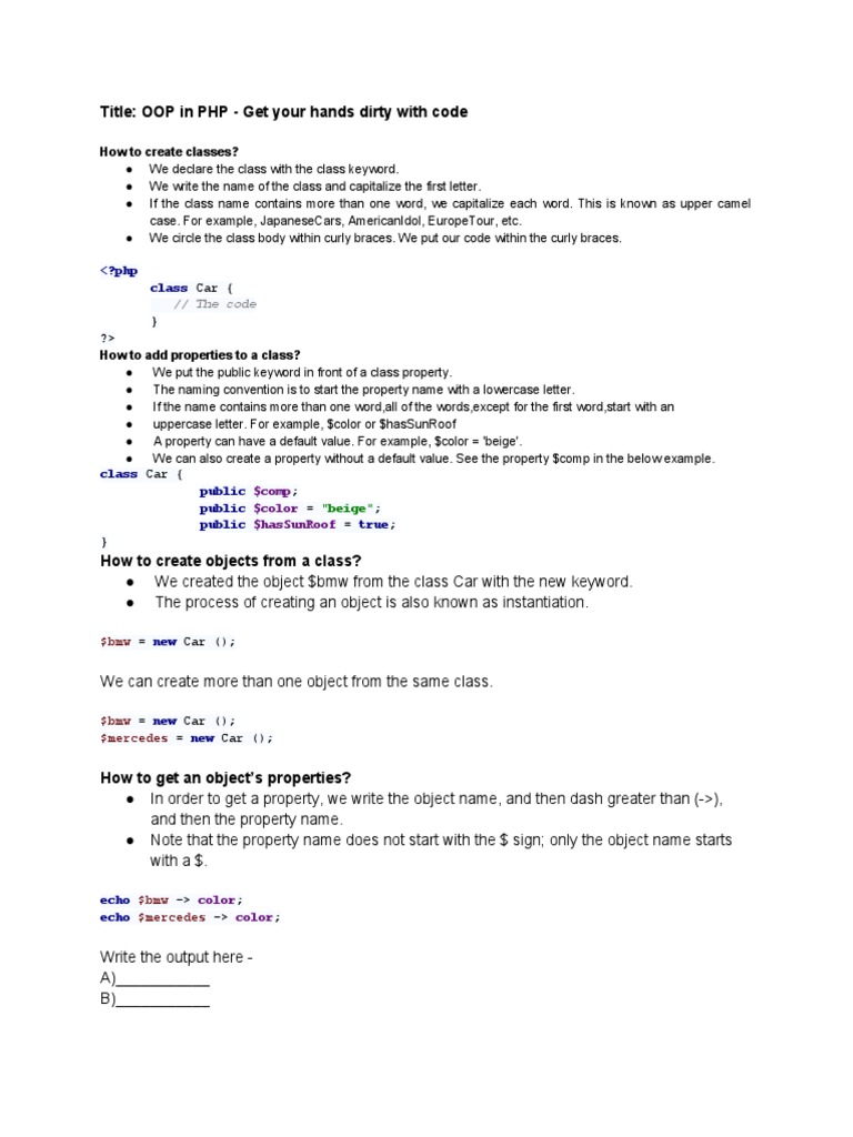 PHP OOP Basics: Classes, Objects, Properties & Methods | PDF | Class (Computer Programming ...