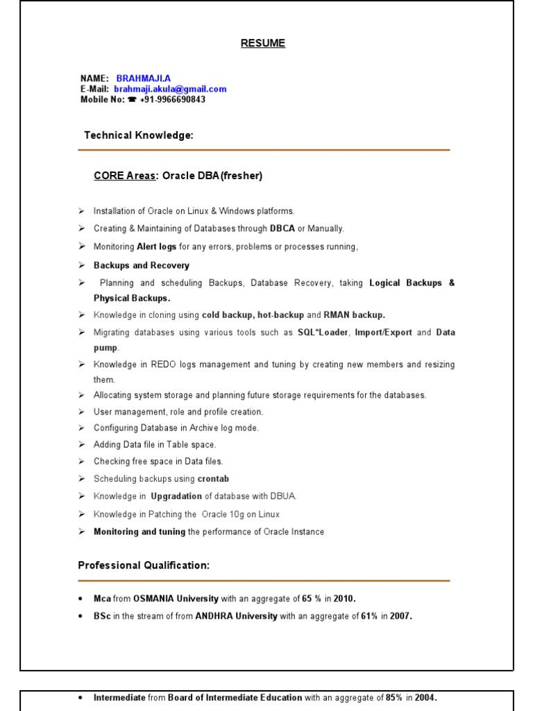 Oracle DBA Resume | PDF | Oracle Database | Databases