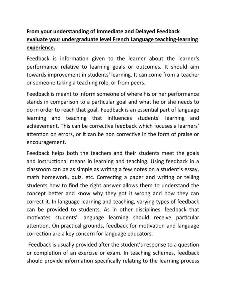 From Your Understanding of Immediate and Delayed Feedback Evaluate Your ...