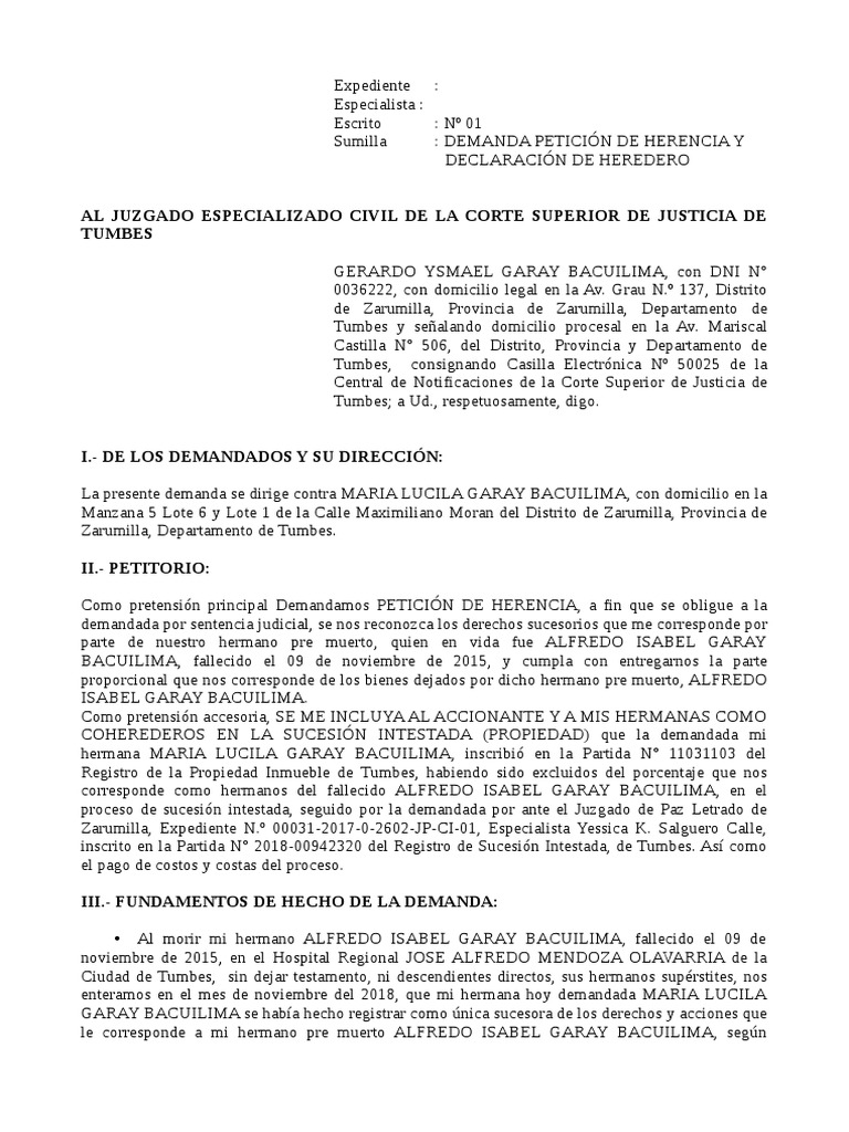 Demanda de Peticion de Herencia | PDF | Demanda judicial | Herencia