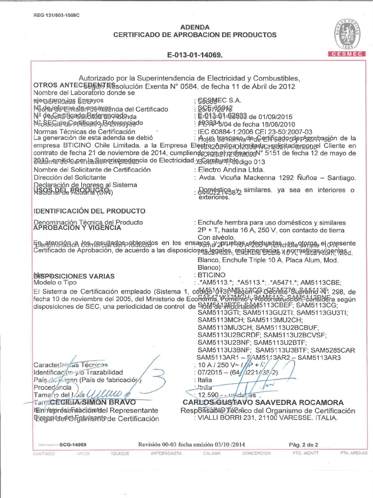 Certificado CESMEC Modulo Enchufe 10A Matix Bticino | PDF