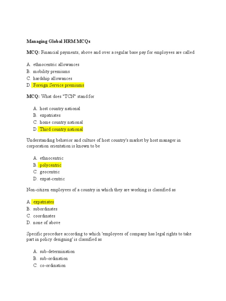 Global HRM MCQs and Concepts | PDF | Salary | Policy