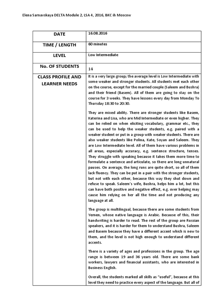 Elena Sarnavskaya DELTA M2 2016 Lesson Plan | PDF | Second Language ...