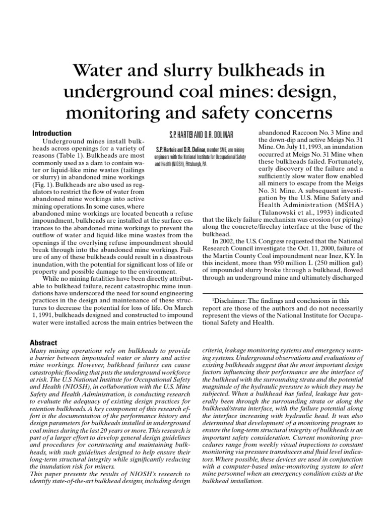 Water and Slurry Bulkheads in Underground Coal Mines: Design ...