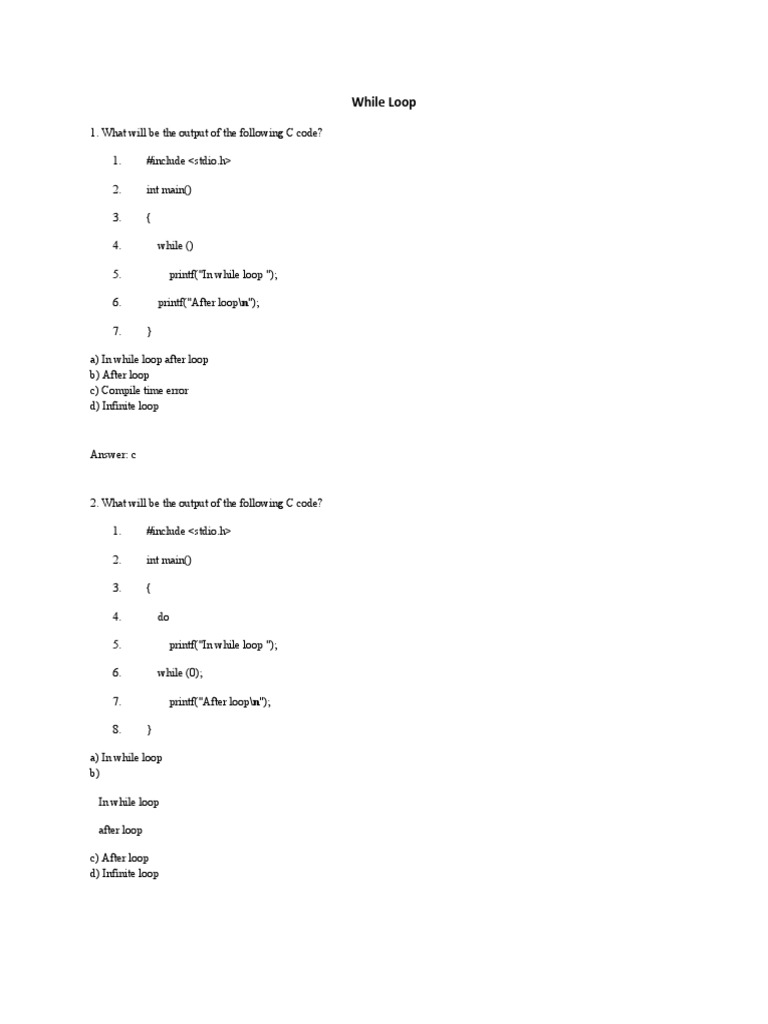 While Loop in C - Output of Code Snippets | PDF | Control Flow | C (Programming Language)