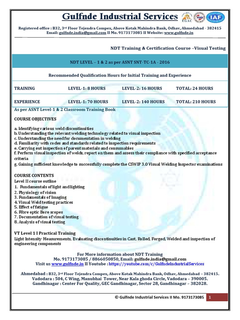 Visual Testing - Level 2 in Ahmedabad & Vadodara - Gulfnde - in | PDF