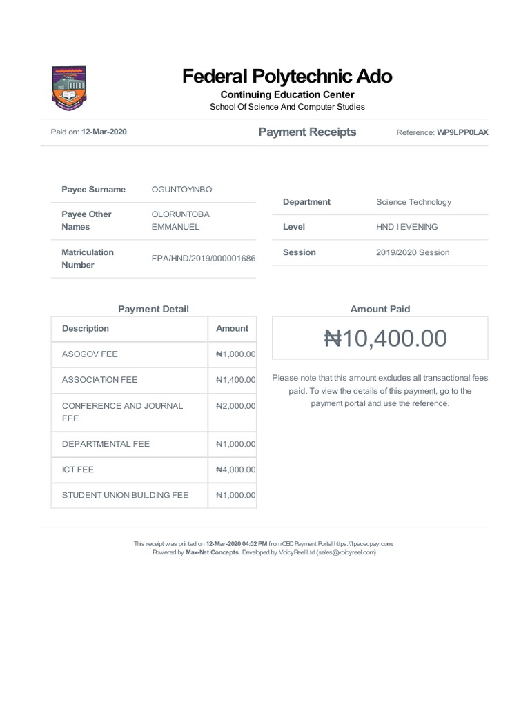 Federal Polytechnic Ado: Payment Receipts | PDF
