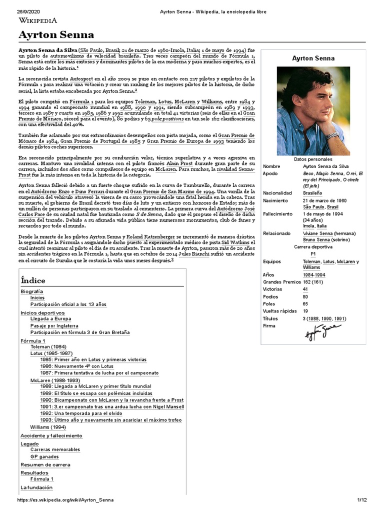 Ayrton Senna - Wikipedia, La Enciclopedia Libre | PDF | Formula Uno ...