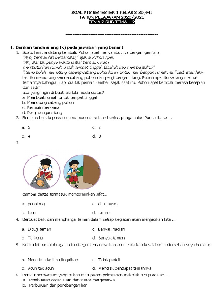 Soal PTS Kelas 3 Tema 2 Sub 1-2 - Reupload Kamimadrasah | PDF