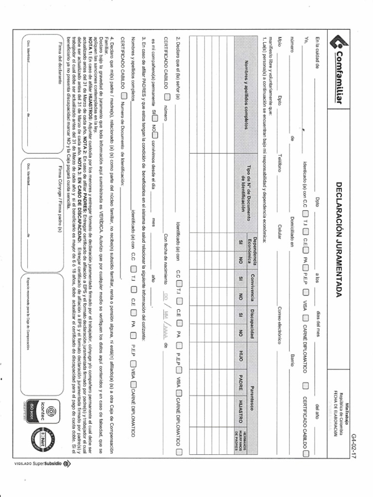Formulario Declaracion Juramentada Comfamiliar | PDF