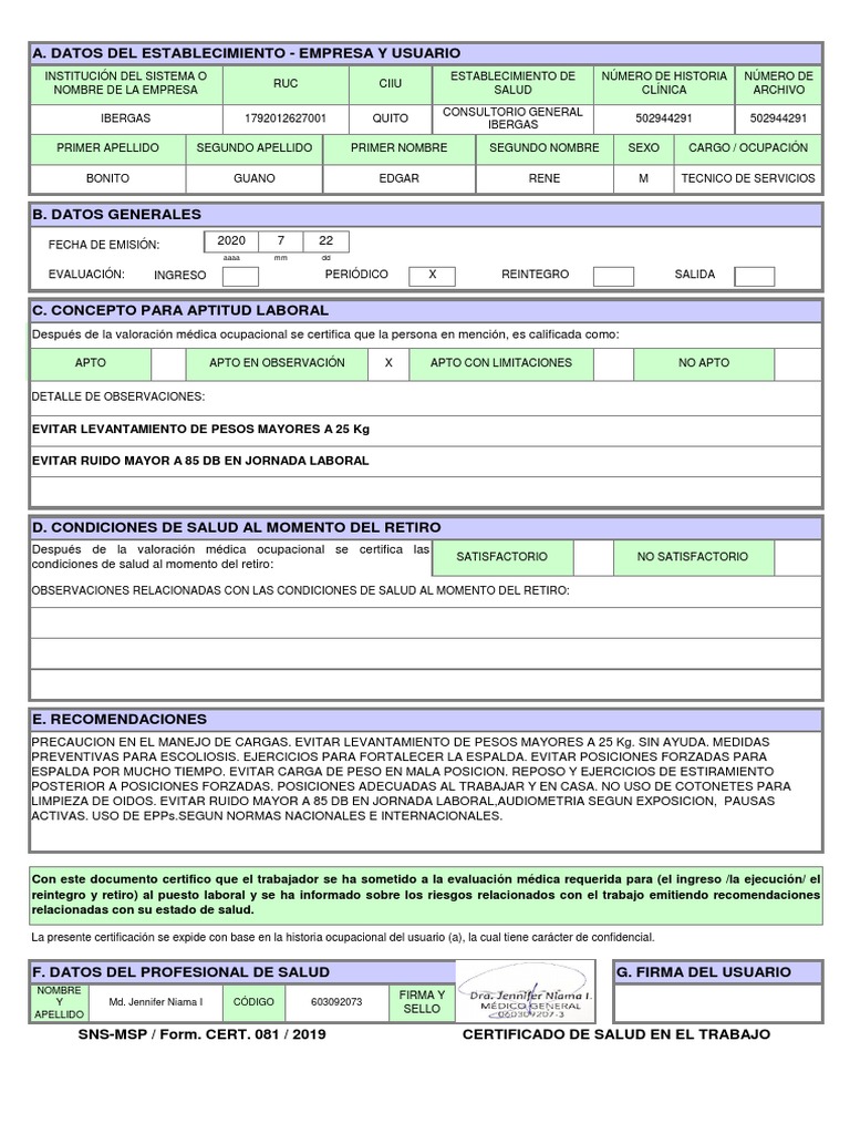 Ejemplo Certificado Formato MSP PDF | PDF | Bienestar | Medicina