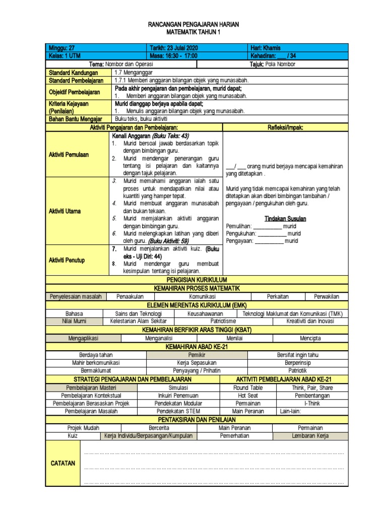 Contoh RPH Matematik | PDF