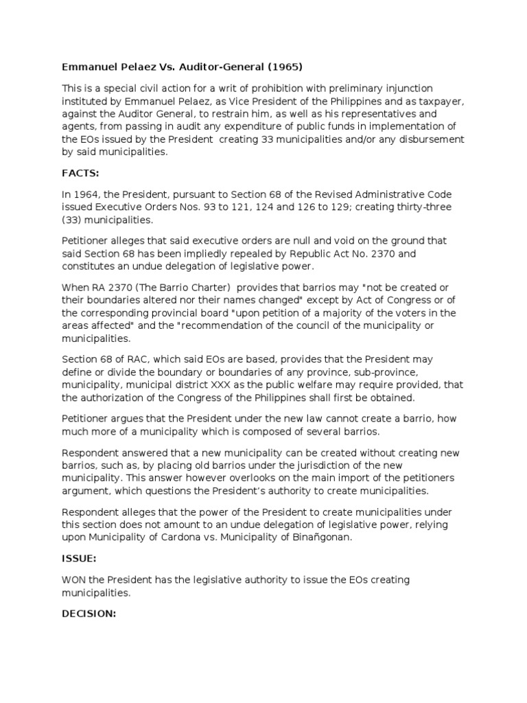 Emmanuel Pelaez Vs Auditor General | PDF | Executive Order | Separation ...