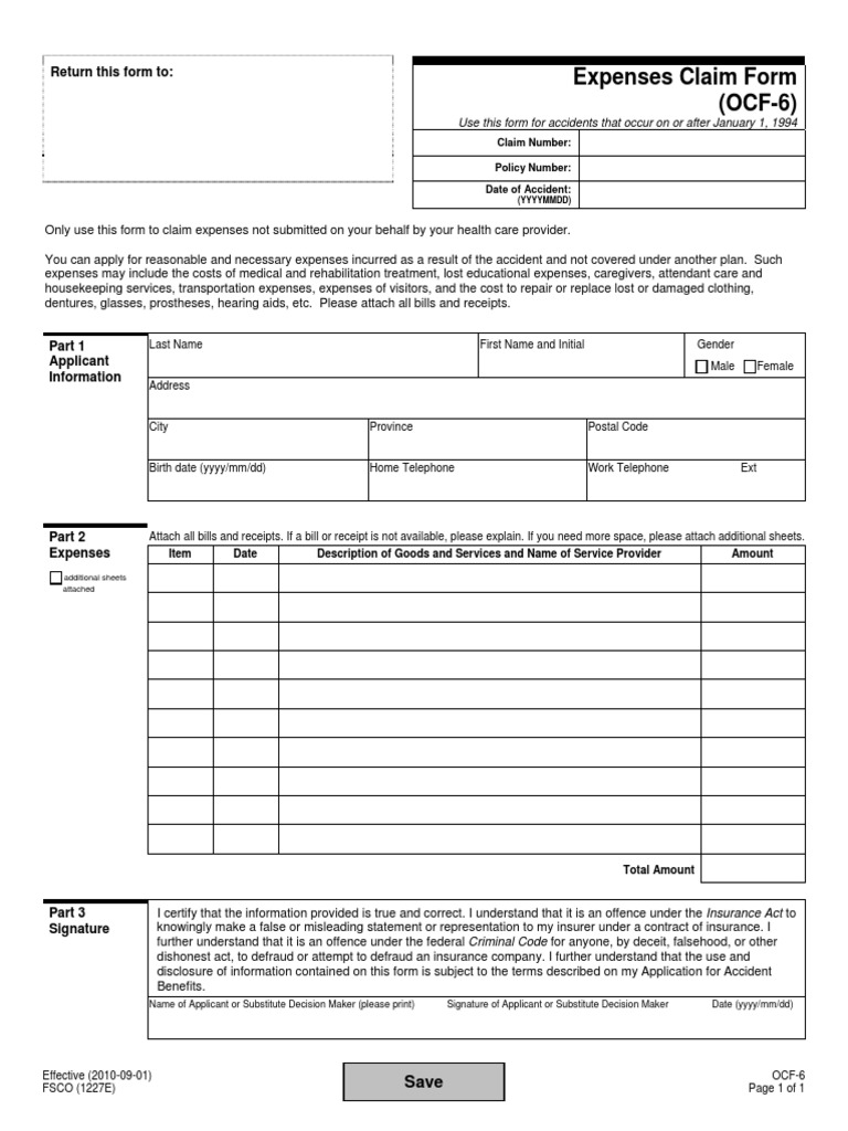 Expenses Claim Form (OCF-6) : Return This Form To | PDF | Insurance ...