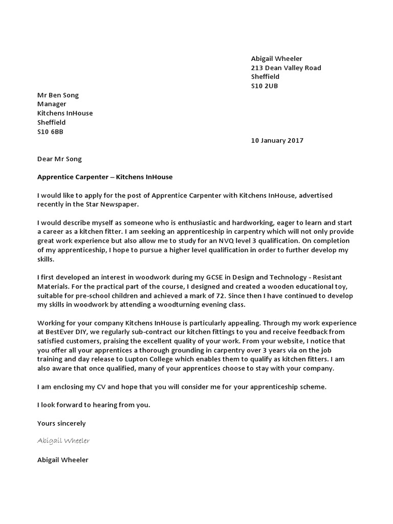 Cover Letter for Carpenter Apprentice | PDF | Apprenticeship | Carpentry